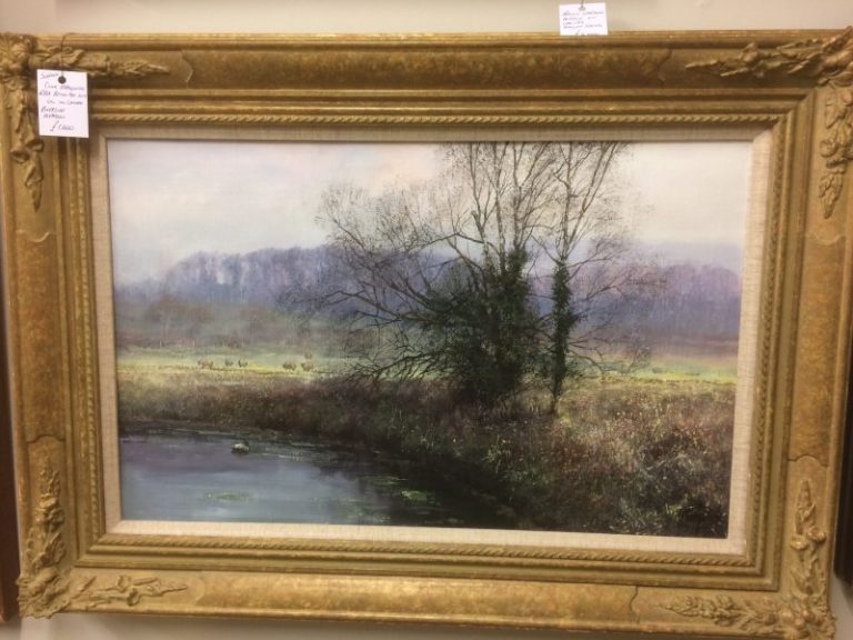 Clive Madgwick Oil on Canvas Landscape Sheep in a Riverside Meadow ...