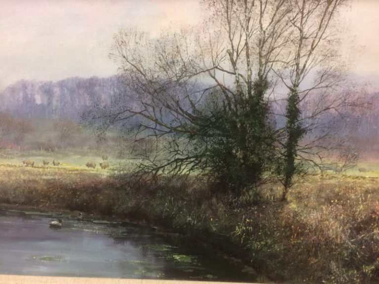 Clive Madgwick Oil on Canvas Landscape Sheep in a Riverside Meadow ...