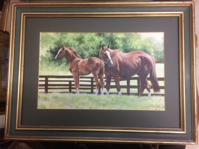 Caroline Cook Mare and Foal in a paddock Watercolour - AntiqArt