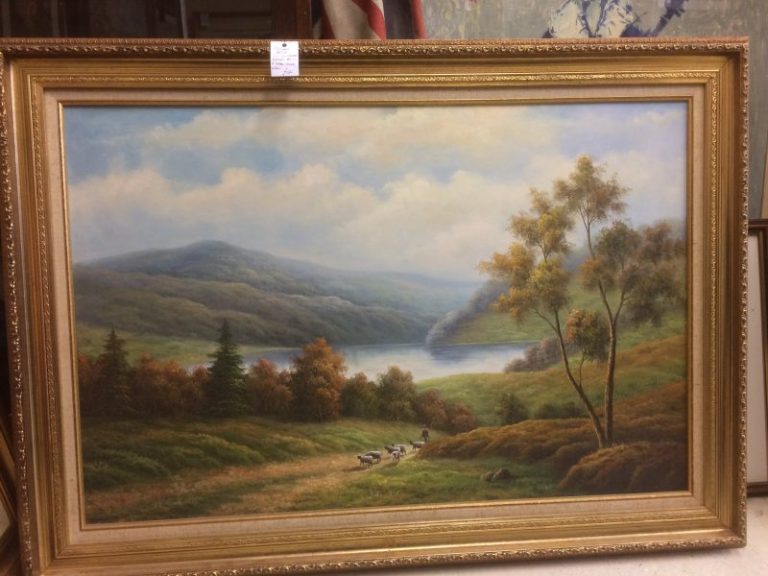 P Wilson oil on canvas Shepherd tending his sheep - AntiqArt